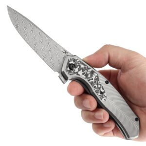 KANSEPT HAVØRN Pocket Folding Knives for Men Women Camping Hiking Folding Knife 3.48'' Damascus Blade Pocke Knife with Titanium Black and White Carbon Fiber Inlay Handle Everyday Carry K1069A1