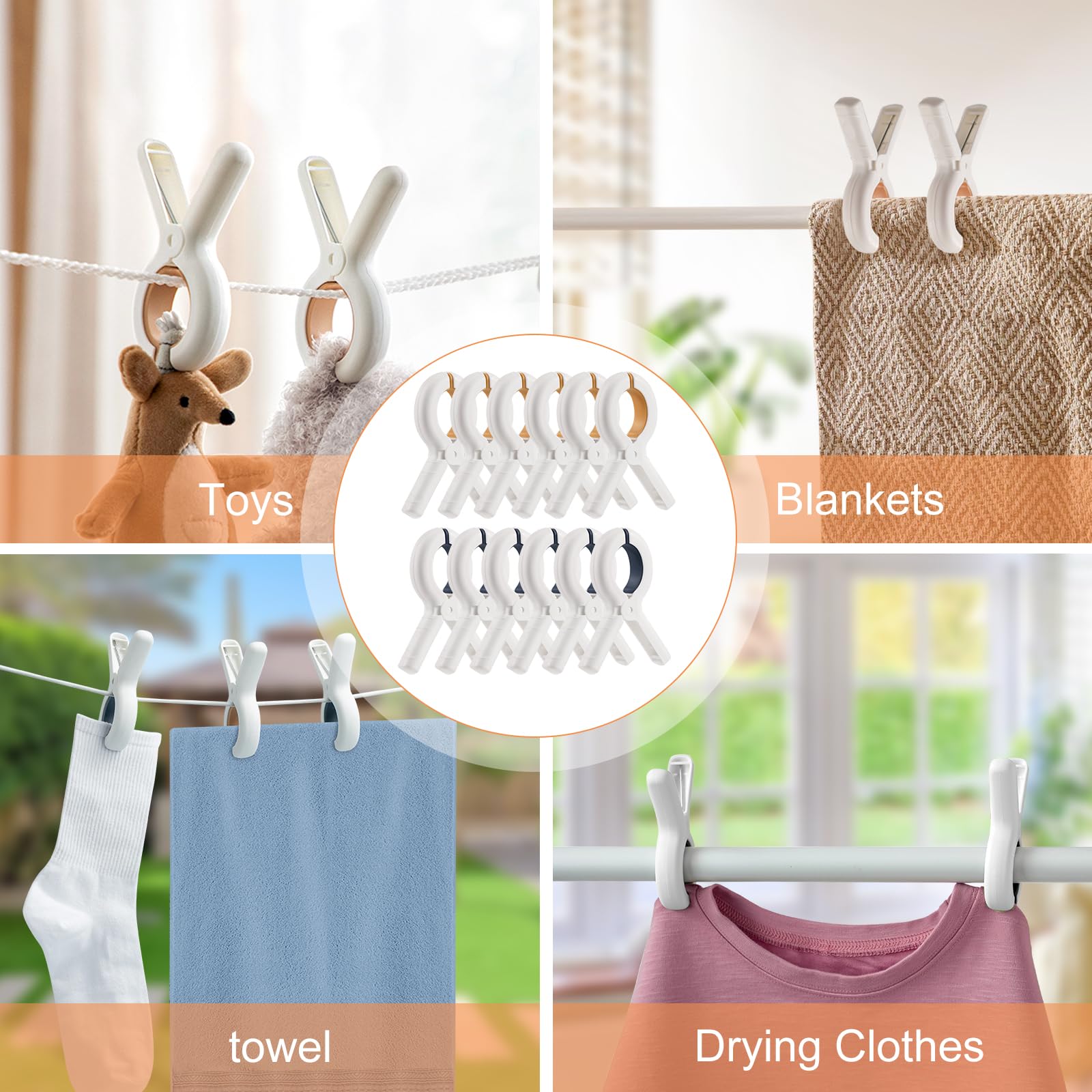 12 Pack Beach Towel Clips, Heavy Duty Towel Clips for Chairs Cruise Strong Anti-Rust Springs Clothespins for Laundry Keep Towel Clothes Blankets Dry on Clothesline and Hanging Rack Khaki and Blue