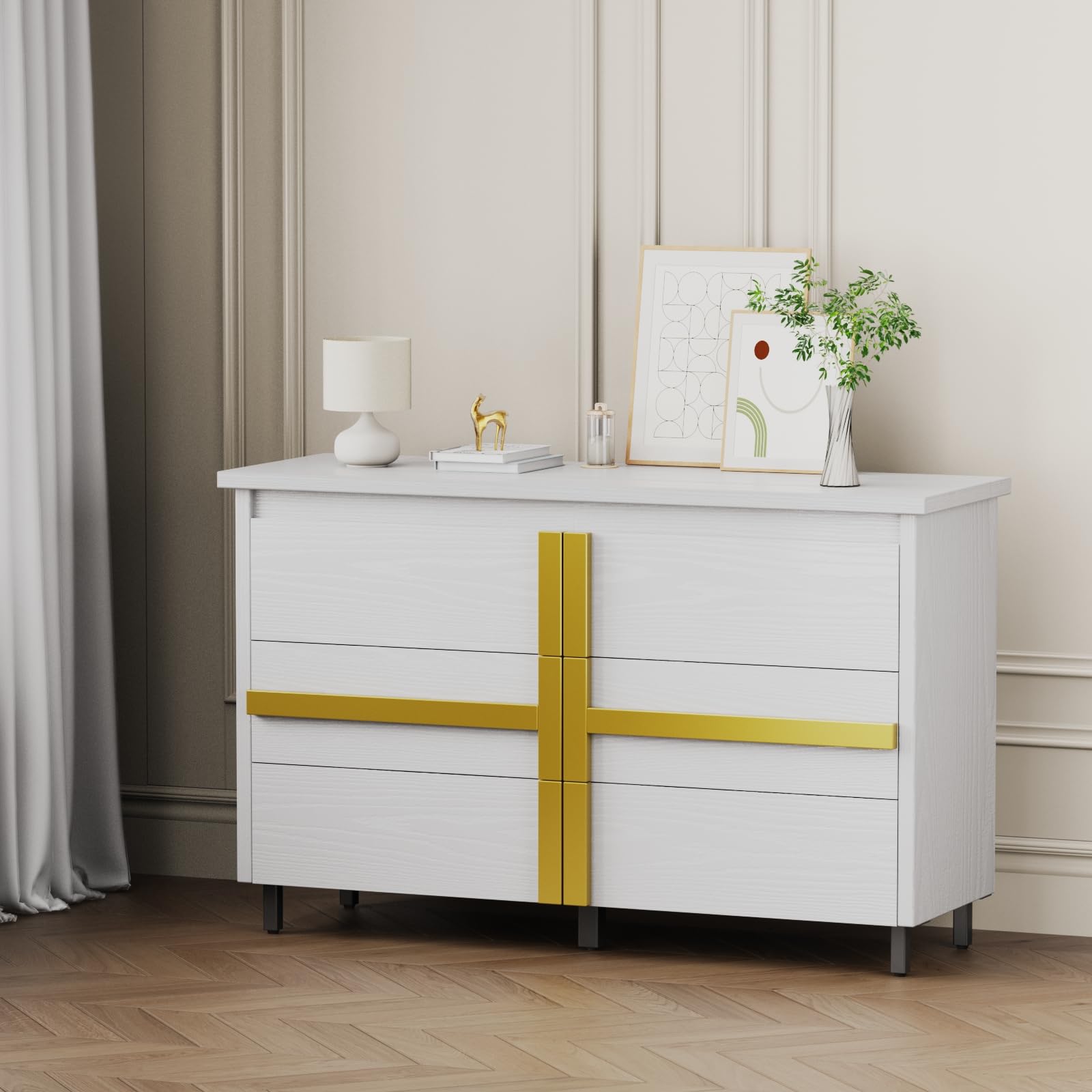 VOPEAK White Dresser for Bedroom, Wood Dresser, 6 Drawer Dresser with Gold Handle, Modern Large & Long Dresser for Cloth Storage, TV Stand Dresser,Chest of Drawers for Clost, Living Room, Nursery.