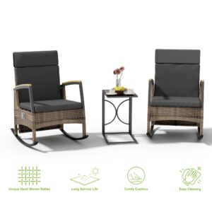 BALDPER 3-Pieces Outdoor Recliner Chair Set, Rattan Wicker Rocking Chair with Adjustable Backrest, Cushions, and C Shaped End Table for Patio Home Backyard Garden, Grey