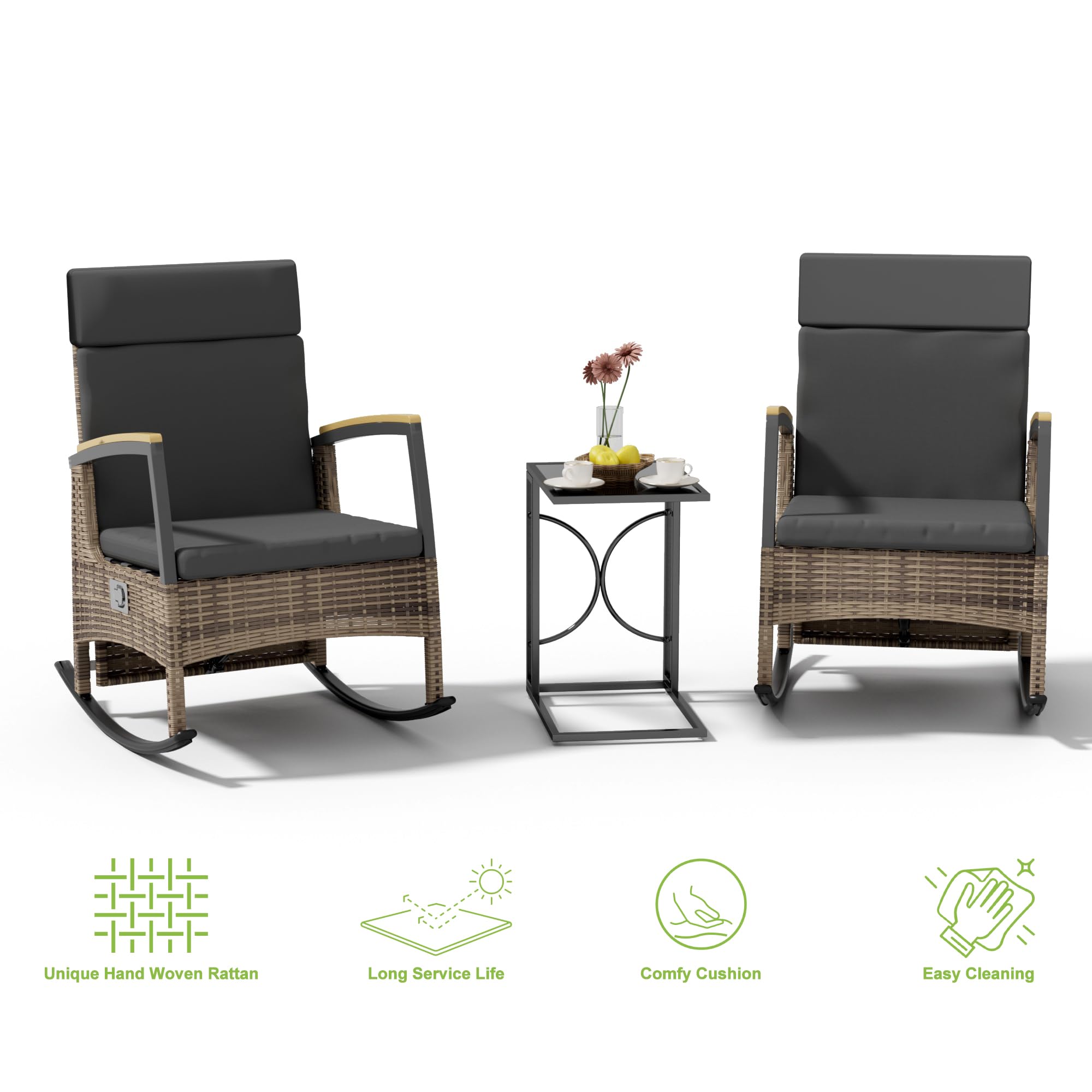 BALDPER 3-Pieces Outdoor Recliner Chair Set, Rattan Wicker Rocking Chair with Adjustable Backrest, Cushions, and C Shaped End Table for Patio Home Backyard Garden, Grey