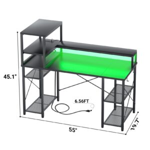 Cyclysio 55 inch Gaming Desk with LED Light, Reversibel Computer Desk with 7-Tier Storage Shelves, Home Office Desk with Power Outlets, Computer Gaming Desk with Monitor Stand for Small Space, Black