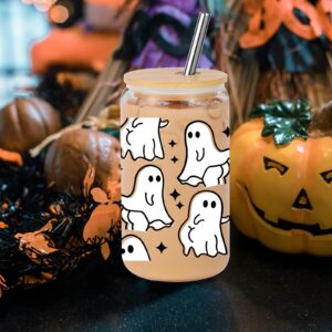 Lovearth Halloween Ghost Glass Tumbler, Cute Halloween Glass Cup with Lid and Straw, 16oz Iced Coffee Cup, Spooky Gifts, Boo Basket Stuffers for Women, Men, Teens, Gifts for Halloween Lovers