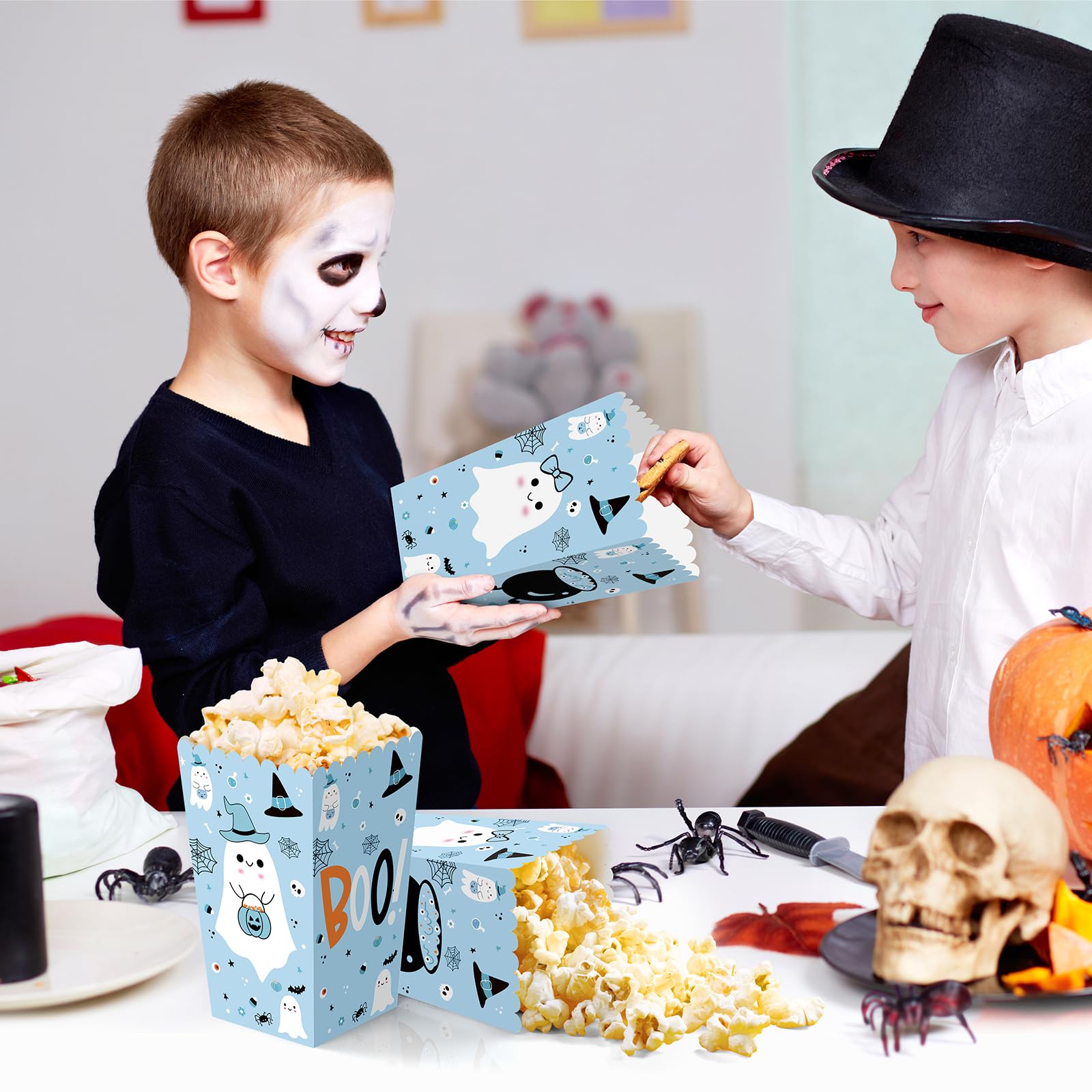 K KUMEED 24 PCS Blue Halloween Popcorn Favor Boxes,Halloween Party Supplies Cute Ghost Popcorn Bowls Popcorn Buckets Popcorn Bags,Boo Theme Candy Cookie Container for Kids