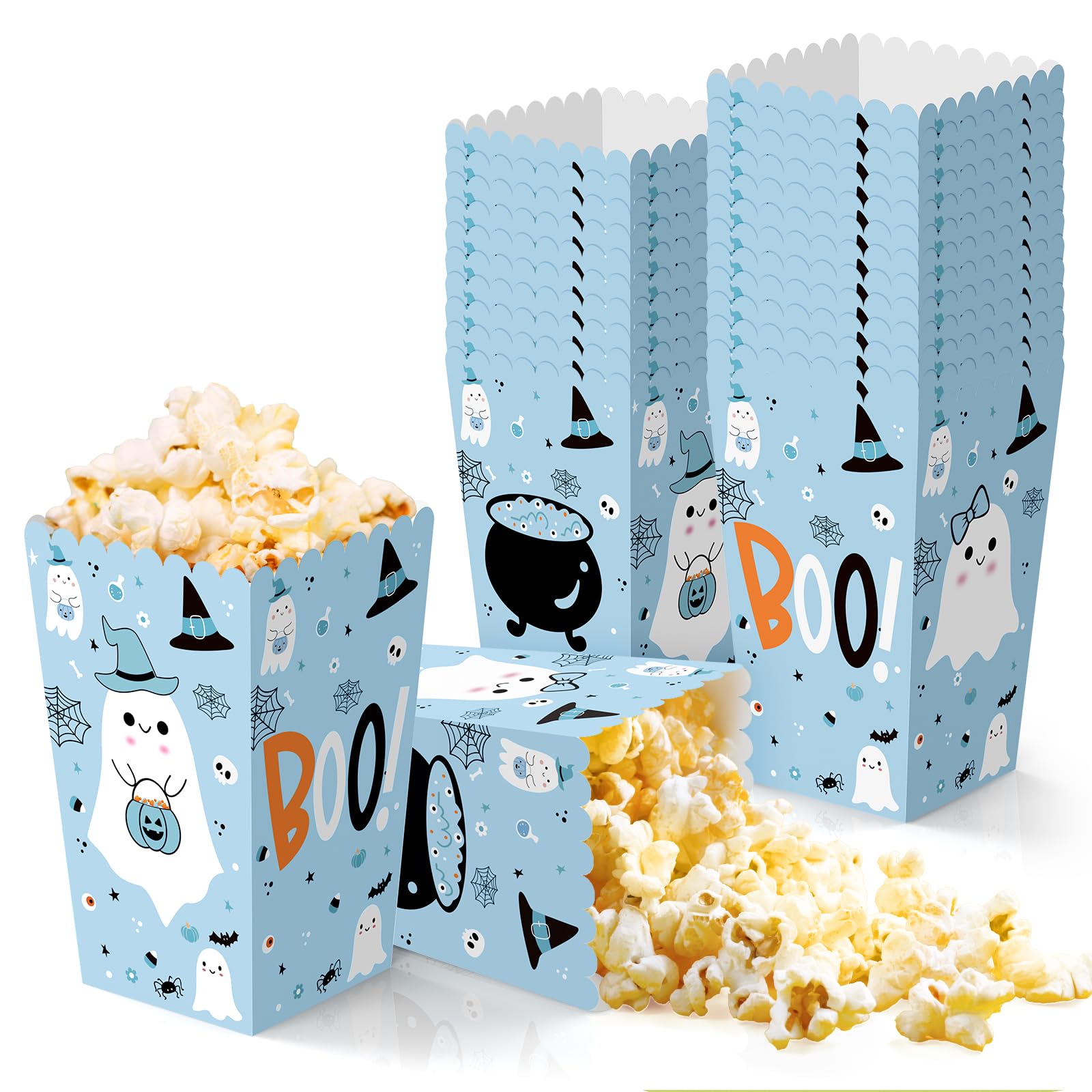 K KUMEED 24 PCS Blue Halloween Popcorn Favor Boxes,Halloween Party Supplies Cute Ghost Popcorn Bowls Popcorn Buckets Popcorn Bags,Boo Theme Candy Cookie Container for Kids