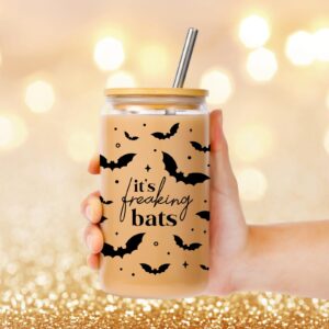 Lovearth Halloween Bats Cup, Gothic Bat Iced Coffee Cup, 16oz Halloween Glass Cup with Lid and Straw, Spooky Gifts, Cute Halloween Gifts for Women, Men, Bat Lovers, Gifts for Halloween Lovers