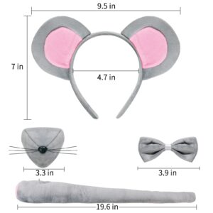 CASW Mouse Costume Ears-Headband-Tail-Nose-Bow-Tie Accessories Set : Standing Up Grey and Pink Ears Headband and Tail, Bow Tie Mouse Halloween Accessories Set - for Toddlers and Kids