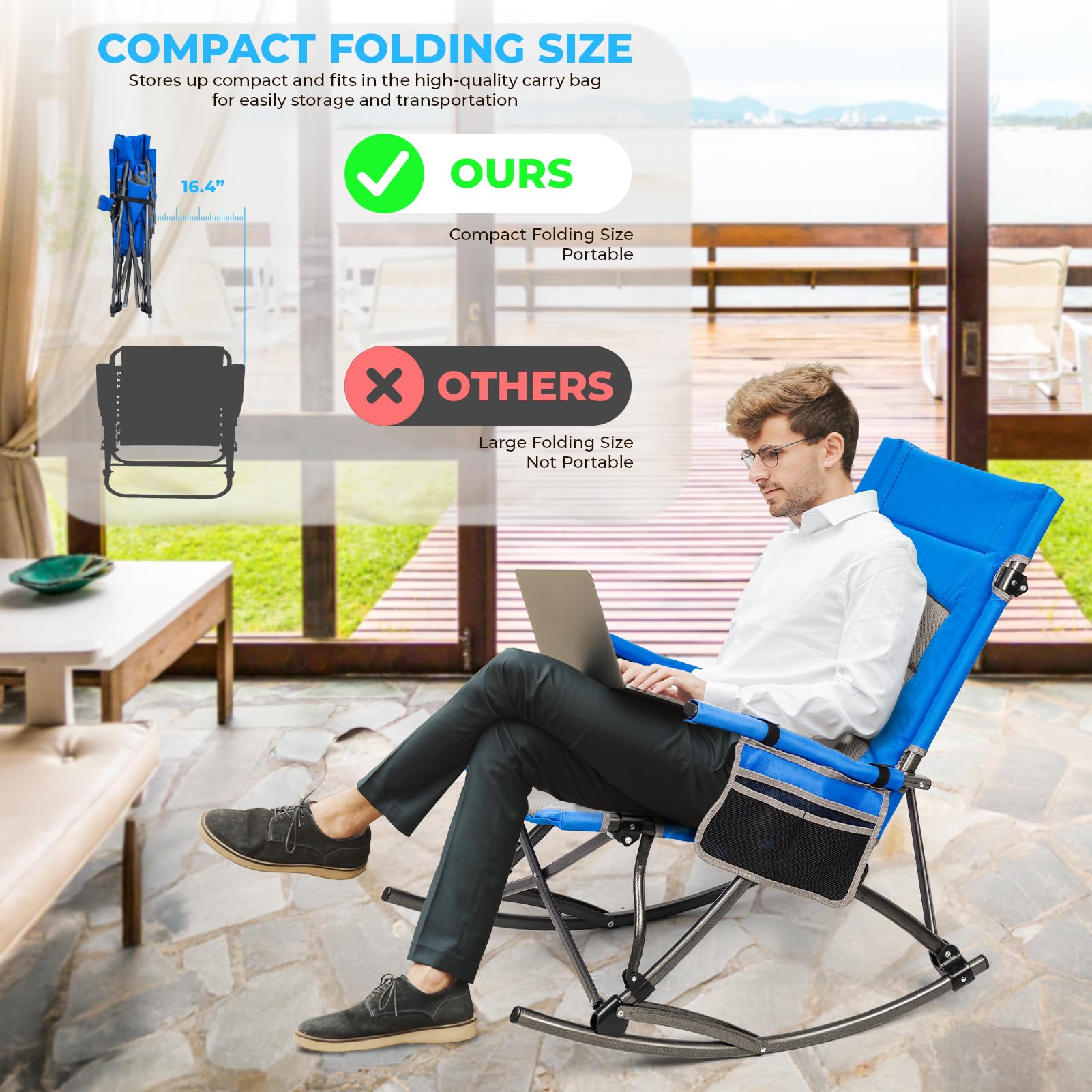 Rocking Chair, Camping Chair, Oversized Folding Rocking Camping Chair, Adults Heavy Duty Camping Chair, Outside Folding Rocking Chair for Patio, Lawn and Outdoors (Blue)