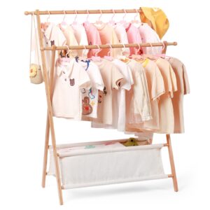 relquorax bamboo kids clothing rack with dual poles, child dress up rack, clothing organizer rack, small garment rack with storage, perfect for costumes and accessories (natural color)