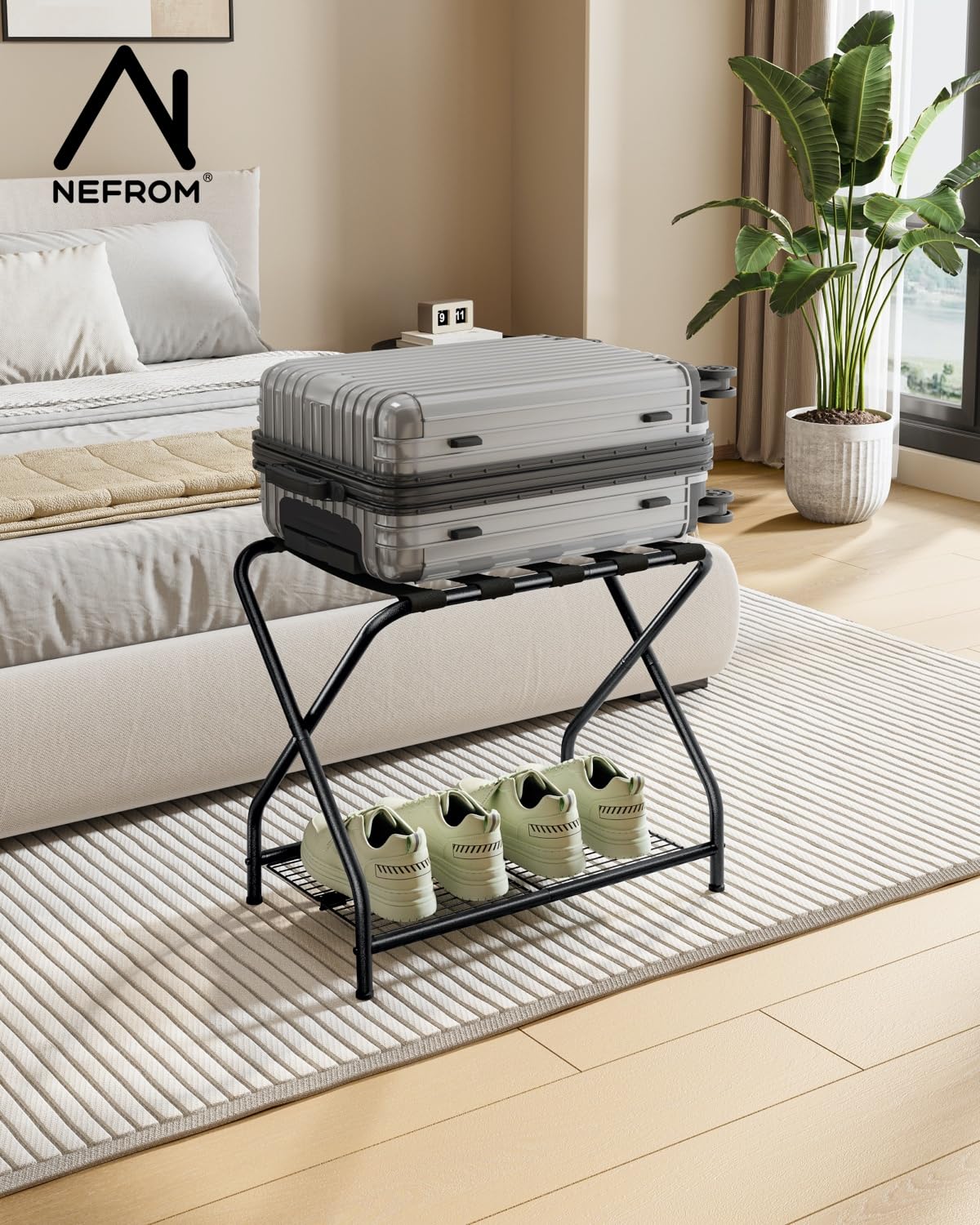 NEFROM Luggage Rack Pack of 2, Foldable Suitcase Stand with Storage Shelf, Metal Luggage Holder for Guest Room, Bedroom, Hotel LR-BK-2