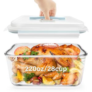 extra large glass storage containers with lids airtight: big glass containers with lids - 220oz/28cup - xl glass rotisserie chicken container - storing food fruits salads free oven safe (extra large)