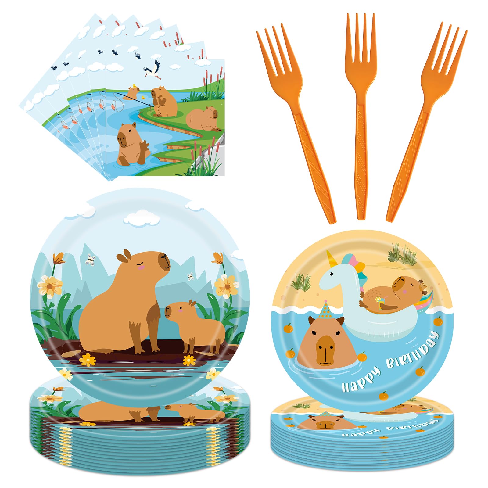 Joybileefun Capybara Birthday Decorations Party Supplies 96PCS Cute Capybara Plates and Napkins Tableware Set Animal Birthday Party Decorations Supplies for Baby Shower Kids Teens Serves 24 Guests