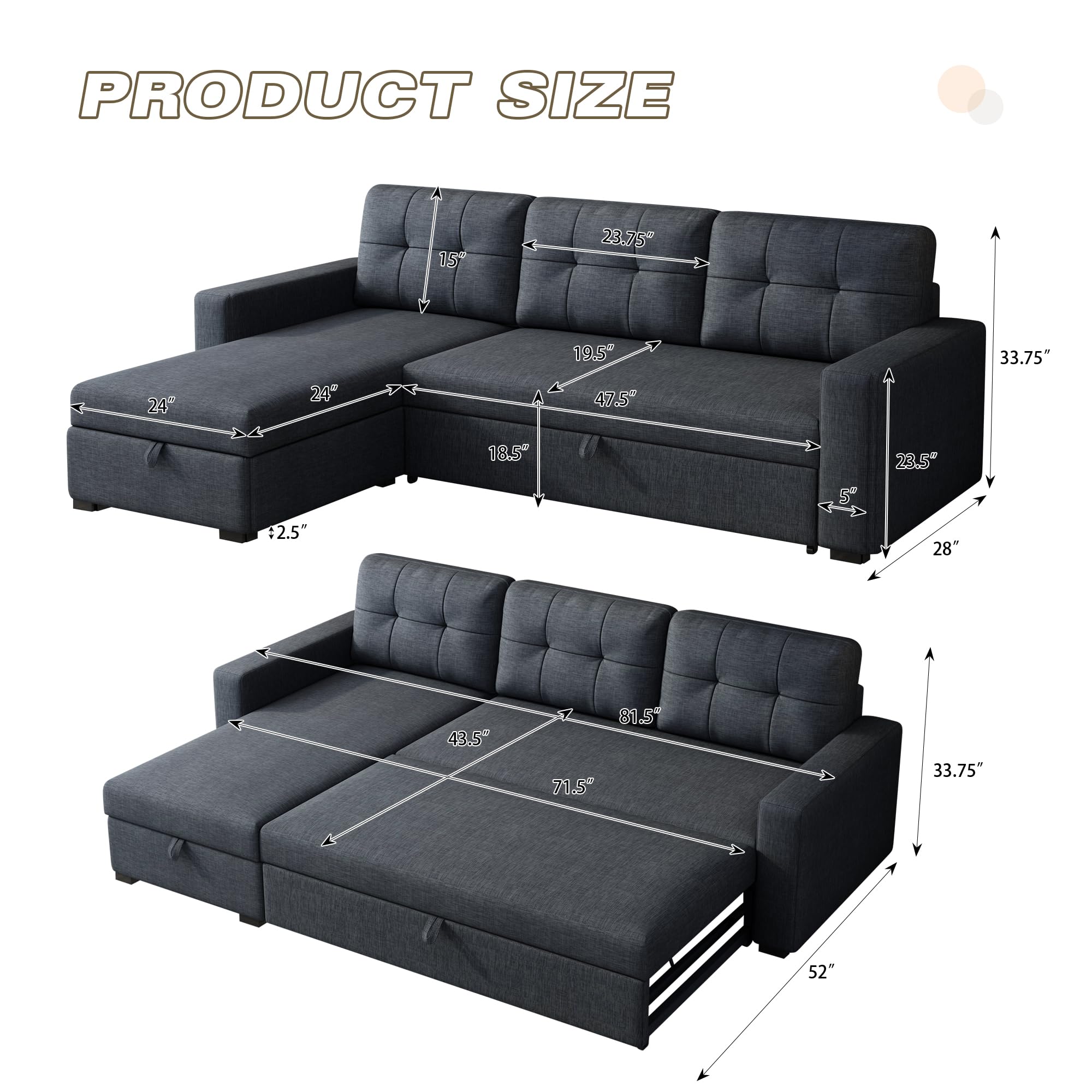 Favfurish 81.5" Sectional Sleeper Sofa with Storage Chaise, L Shaped Pull Out Couch Bed with 3 Removable Back Cushion for Living Room,Apartment,Office, Dark Grey