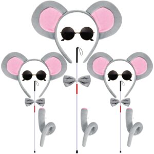 mouse costume ears-headband-tail-bow-tie accessories set : 3 pcs standing up grey and pink ears headband and tail, bow tie blind cane mouse halloween accessories set - for toddlers and kids(three pcs)