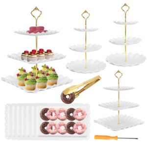 dessert table display set stands: cupcake stand set - 10 pcs cupcake tower 4 3 tiered tray stand 6 plastic tray for birthday baby shower tea party white