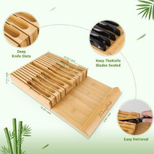 Woodfinity Bamboo Knife Drawer Organizer, Knife Drawer Organizer Insert, Kitchen Drawer Knife Holder for 12 Knives and and 1 Sharpening Steel (Without Knives)