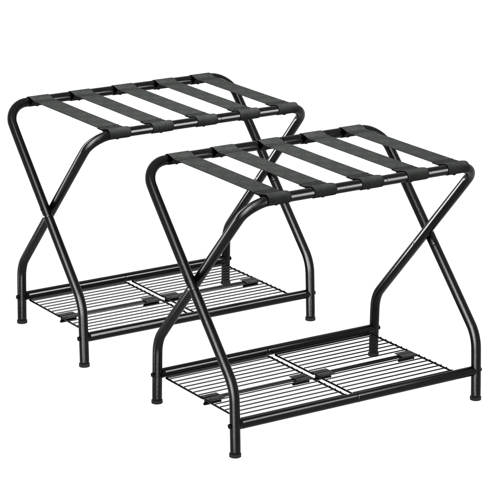 NEFROM Luggage Rack Pack of 2, Foldable Suitcase Stand with Storage Shelf, Metal Luggage Holder for Guest Room, Bedroom, Hotel LR-BK-2