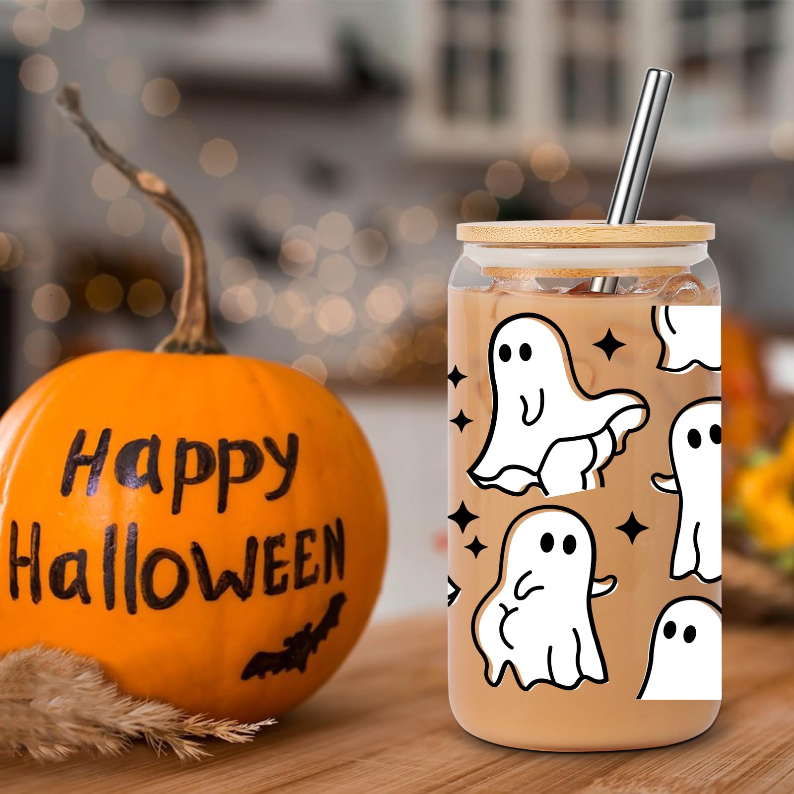 Lovearth Halloween Ghost Glass Tumbler, Cute Halloween Glass Cup with Lid and Straw, 16oz Iced Coffee Cup, Spooky Gifts, Boo Basket Stuffers for Women, Men, Teens, Gifts for Halloween Lovers