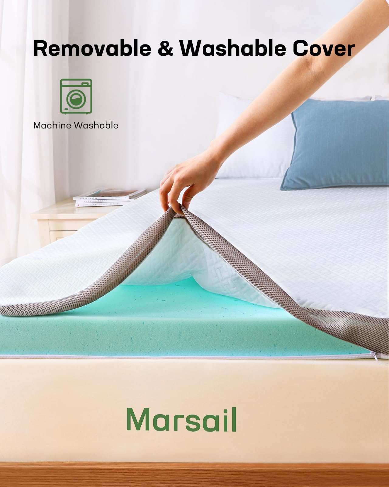 Marsail 3-inch Twin XL Memory Foam Mattress Topper, Gel Infused Cooling Mattress Topper with Removable Cover, Ventilated & Breathable Mattress Topper for Sofa, RV, Bedroom, CertiPUR-US Certified