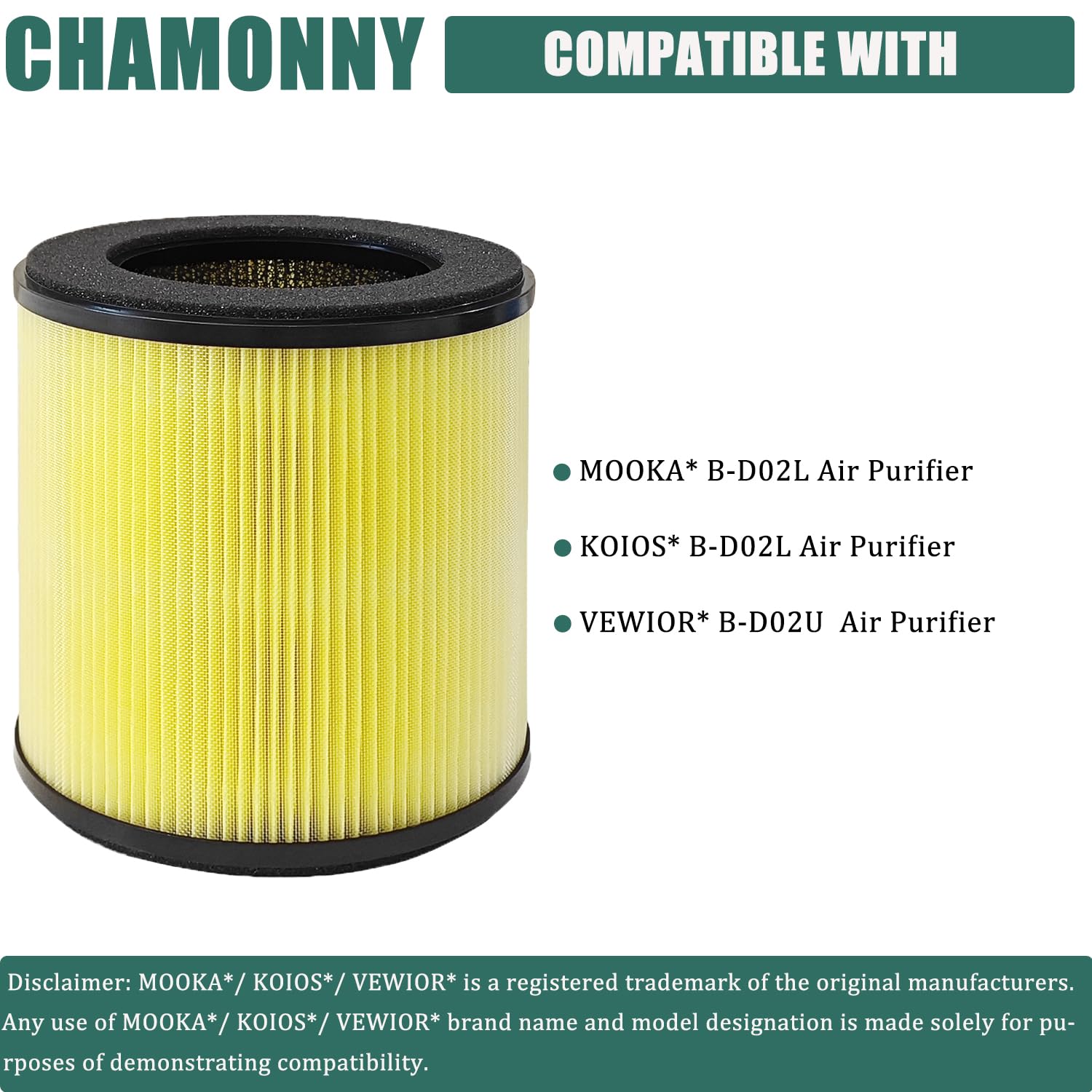 CHAMONNY B-D02U Filter Replacement, Compatible with VEWIOR B-D02U Air Purifier & MOO-KA B-D02L and KOIOS B-D02L Air Purifier, 2Pack