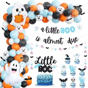 fiesec halloween baby shower decorations for boys blue orange black, a little boo is almost due baby shower boy with balloon garland arch kit banner cake cupcake topper ghost bat cutout