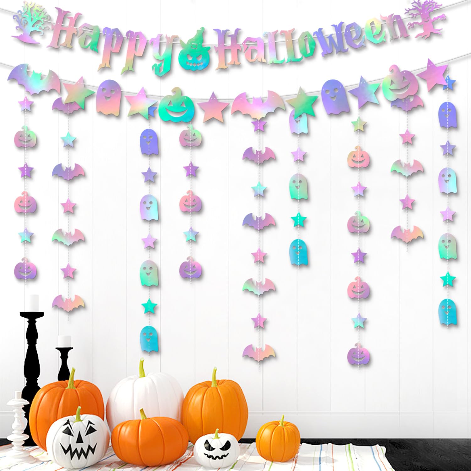 Iridescent Happy Halloween Party-Decorations Banner - 8Pcs Hanging Streamers Garland,Bat Ghost Pumpkin Ceiling Outdoor Indoor Wall Decor Party Props,Porch Room Scary Supplies Hugtmr