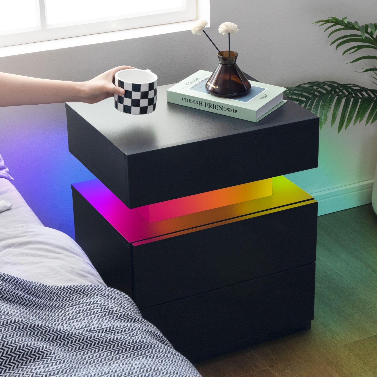 Bingoday LED Nightstand Black Modern Night Stand with 3 Drawers LED Bedside Tables for Bedroom End Tables with LED Strip Lights (Black)