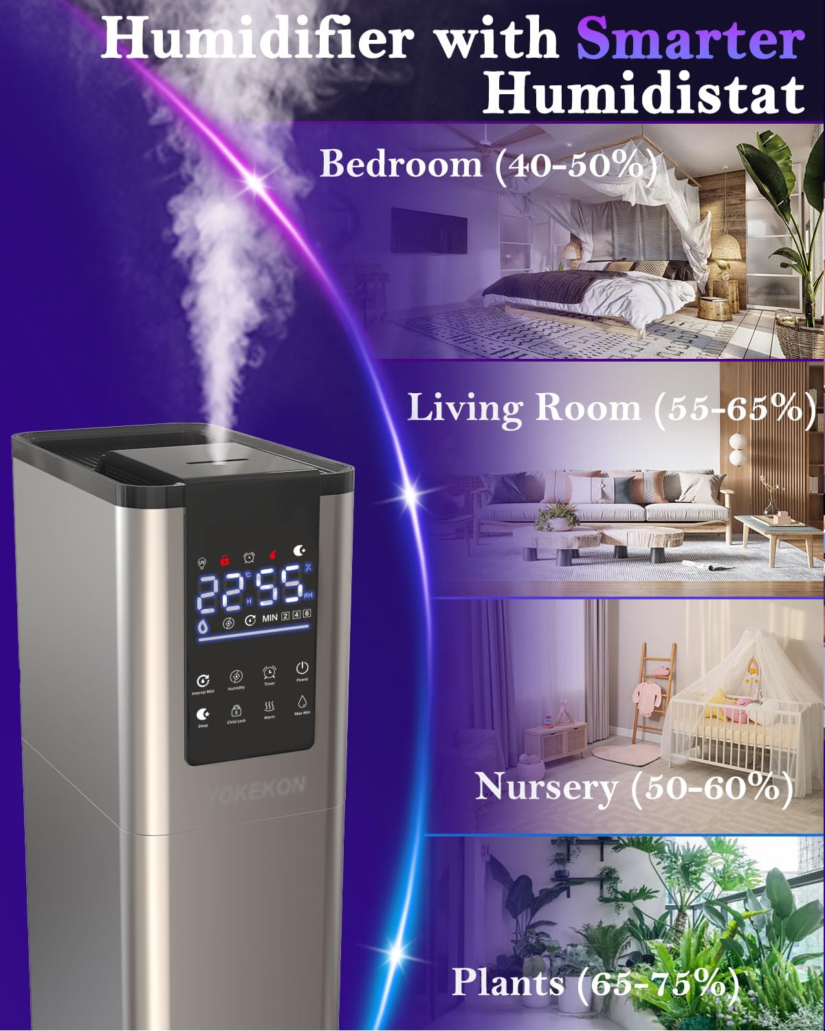 YOKEKON Cool and Warm Mist Humidifier Large Room, 3.4Gal Whole House Humidifiers for Home Bedroom1000 sq ft, Top Fill, 3 Mist Modes, 12H Timer, Aroma Box, Baby Yoga Plants, Silver