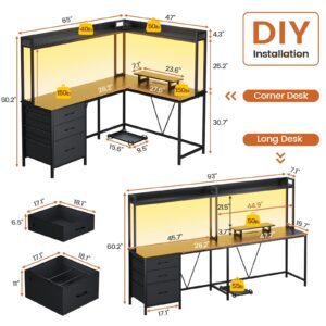 UPOSOJA L Shaped Gaming Desk with Shelves, Reversible Computer Desk with Power Outlet & LED Lights, Home Office Desks Writing Desk with 3 Drawers Monitor Stand Storage Hutch(Black)