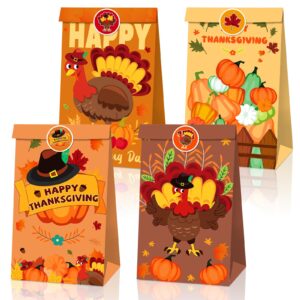 12 pcs thanksgiving gift bags, turkey themed paper bags with 18 stickers, harvest fall goodie bags favors, festive pumpkin and leaves design, treat bags for thanksgiving day autum party supplies