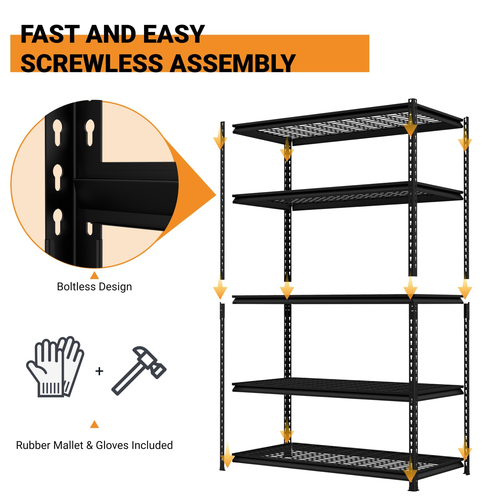 eShelf 48" W Heavy Duty Garage Shelving Unit, 5-Tier Adjustable Metal Storage Shelves with Boltless Desgin for Storage in Garage, Warehouse, Basement, 1100 lbs Capacity, 48" W x 24" D x 72" H, Black