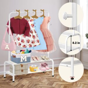 Kids Clothing Rack - Kids Dress Up Clothes Storage Racks - Baby Toddler Clothes Rack - Small Kids Costume Wardrobe Rack with 2 Fabric Floors Storage Shelf - Mini Short Kids Clothing Garment Rack