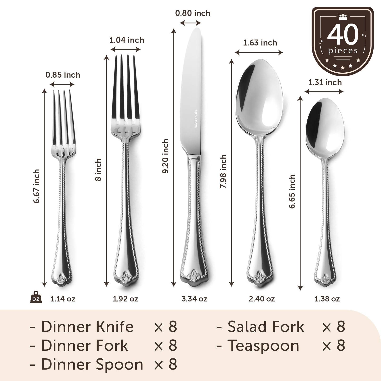 KINGSTONE Silverware Set, 40-piece 18/10 Stainless Steel Flatware Set Cutlery Set for 8, for Kitchen, Home, Wedding, Party, Mirror Polished and Dishwasher Safe, Featured Gifts