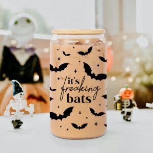 Lovearth Halloween Bats Cup, Gothic Bat Iced Coffee Cup, 16oz Halloween Glass Cup with Lid and Straw, Spooky Gifts, Cute Halloween Gifts for Women, Men, Bat Lovers, Gifts for Halloween Lovers