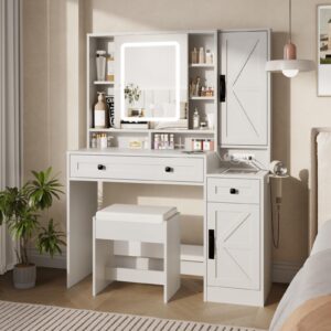 Fameill Vanity Desk with Mirror and Lights, Makeup Vanity Desk with Power Outlet, 2 Drawers & Storage, Vanity Table with Chair & Jewelry Cabinet, for Bedroom (White)