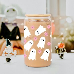 Lovearth Boho Ghost Iced Coffee Cup, 16oz Halloween Glass Cup with Lid and Straw, Ghost Daisy Coffee Tumbler, Fall Cup, Spooky Gifts, Halloween Lover Gifts, Boo Basket Stuffers for Women, Teens