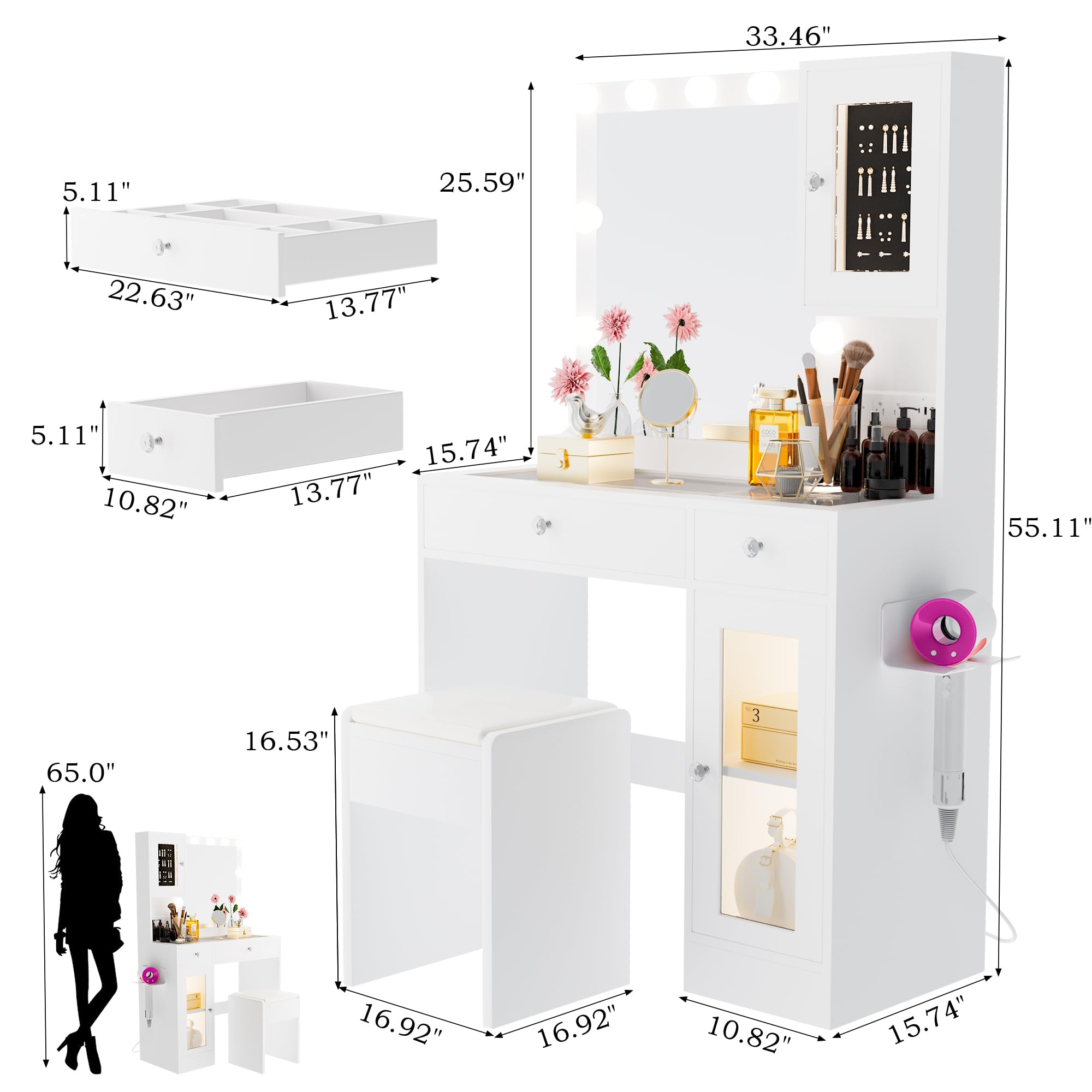 Jaojcoe Makeup Vanity Desk with Lights Mirror, White Vanity with Glass Top & 2 Drawers & 2-Tier Cabinet, 3 Light Settings & Charging Station & Upholstered Stool Dressing Table for Bedroom