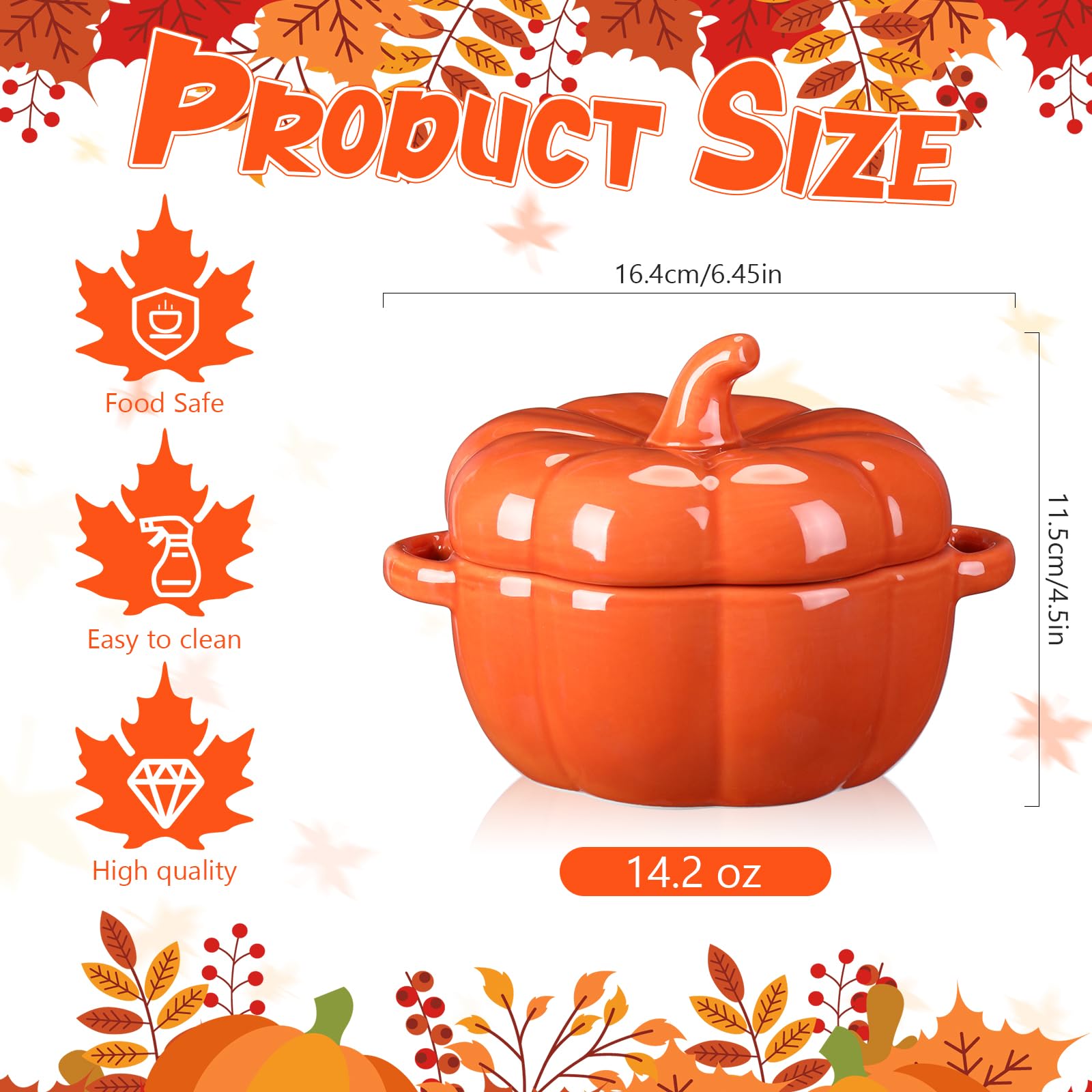 Hushee 2 Pcs Pumpkin Ceramic Soup Bowls Thanksgiving Dutch Oven Pot with Lid 14.2 oz Double Ear Casserole Cookware Dish Pot for Thanksgiving Autumn Fall Harvest Party Baking Cooking Supplies