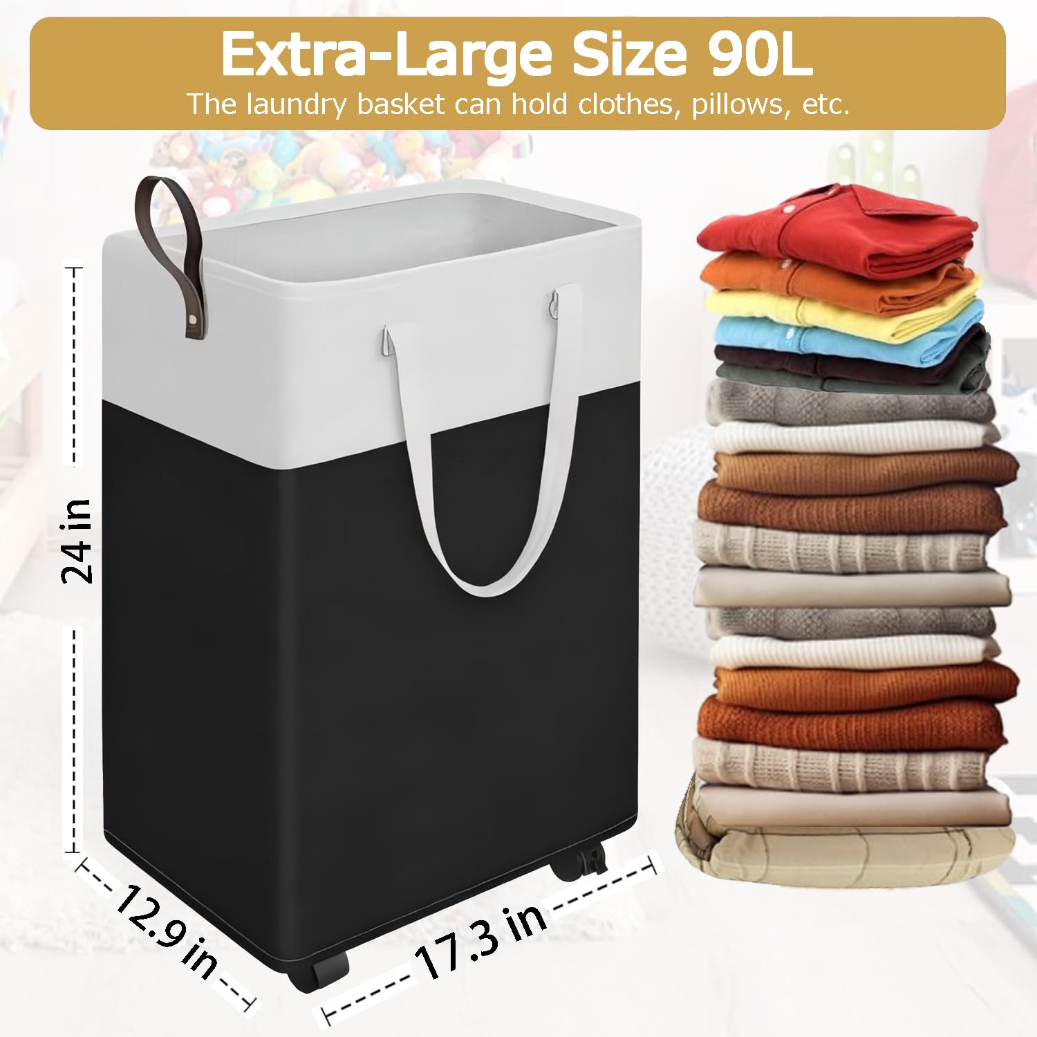 Laundry Basket with Wheels, Collapsible Waterproof Laundry Hamper with Easy Carry Handles for Clothes, Rolling Slim Small Laundry Basket for Bedroom, Dorm, Towels, Toys, 90L