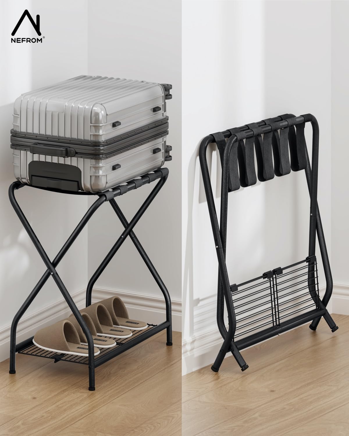 NEFROM Luggage Rack Pack of 2, Foldable Suitcase Stand with Storage Shelf, Metal Luggage Holder for Guest Room, Bedroom, Hotel LR-BK-2