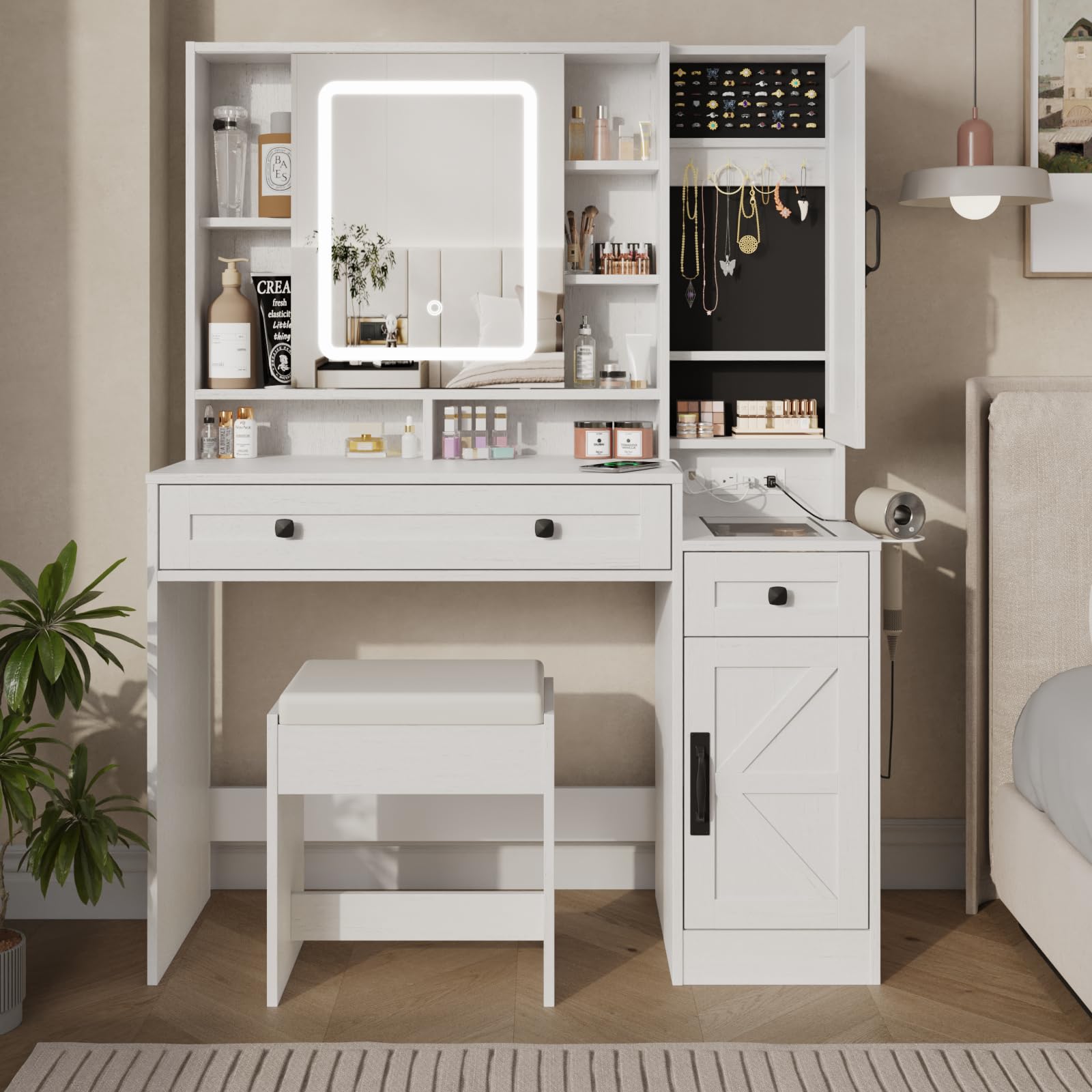 Fameill Vanity Desk with Mirror and Lights, Makeup Vanity Desk with Power Outlet, 2 Drawers & Storage, Vanity Table with Chair & Jewelry Cabinet, for Bedroom (White)