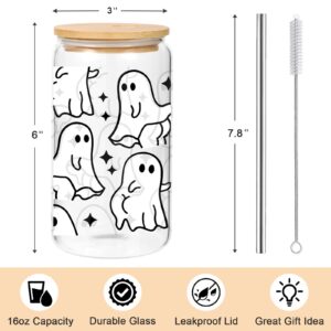 Lovearth Halloween Ghost Glass Tumbler, Cute Halloween Glass Cup with Lid and Straw, 16oz Iced Coffee Cup, Spooky Gifts, Boo Basket Stuffers for Women, Men, Teens, Gifts for Halloween Lovers