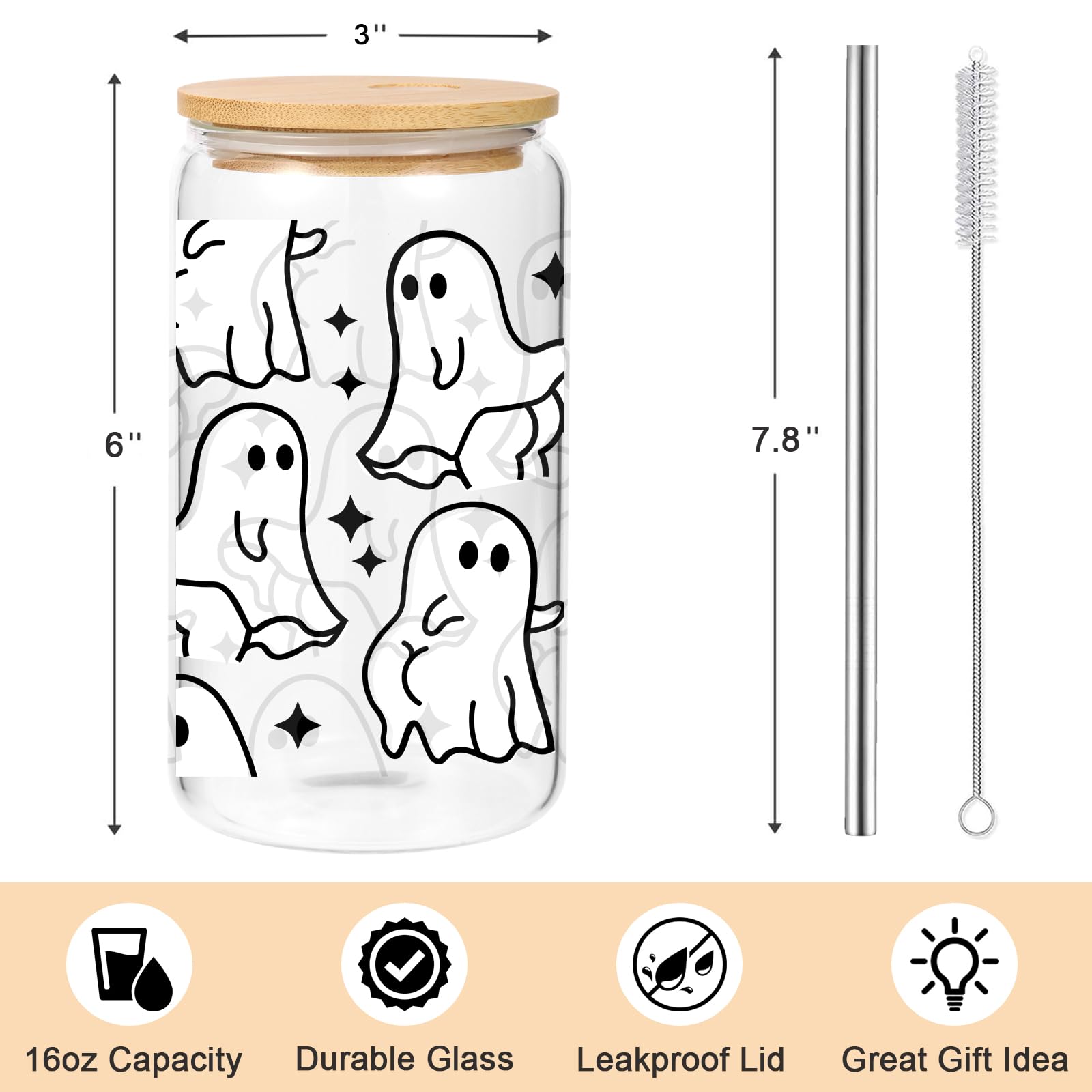 Lovearth Halloween Ghost Glass Tumbler, Cute Halloween Glass Cup with Lid and Straw, 16oz Iced Coffee Cup, Spooky Gifts, Boo Basket Stuffers for Women, Men, Teens, Gifts for Halloween Lovers