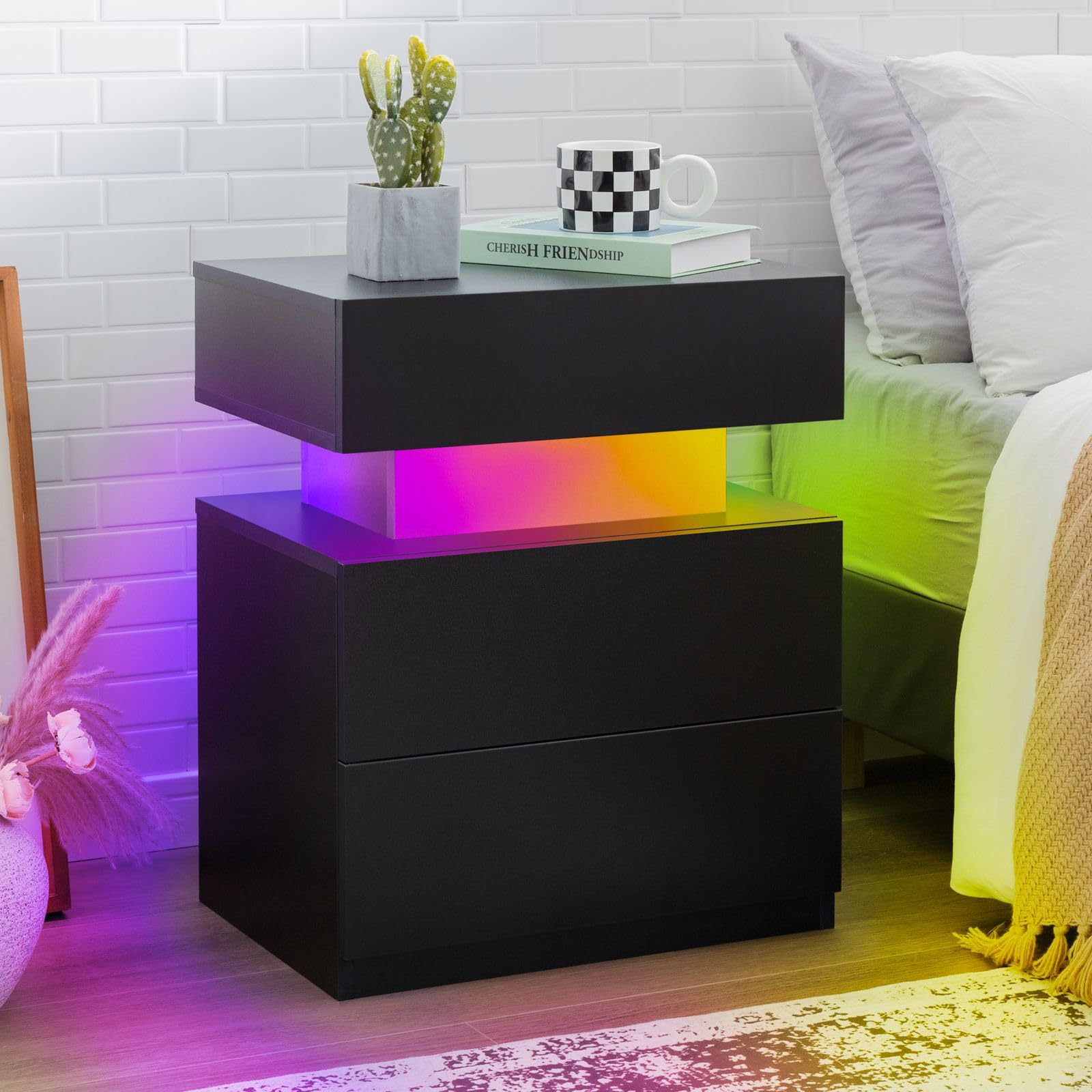 Bingoday LED Nightstand Black Modern Night Stand with 3 Drawers LED Bedside Tables for Bedroom End Tables with LED Strip Lights (Black)