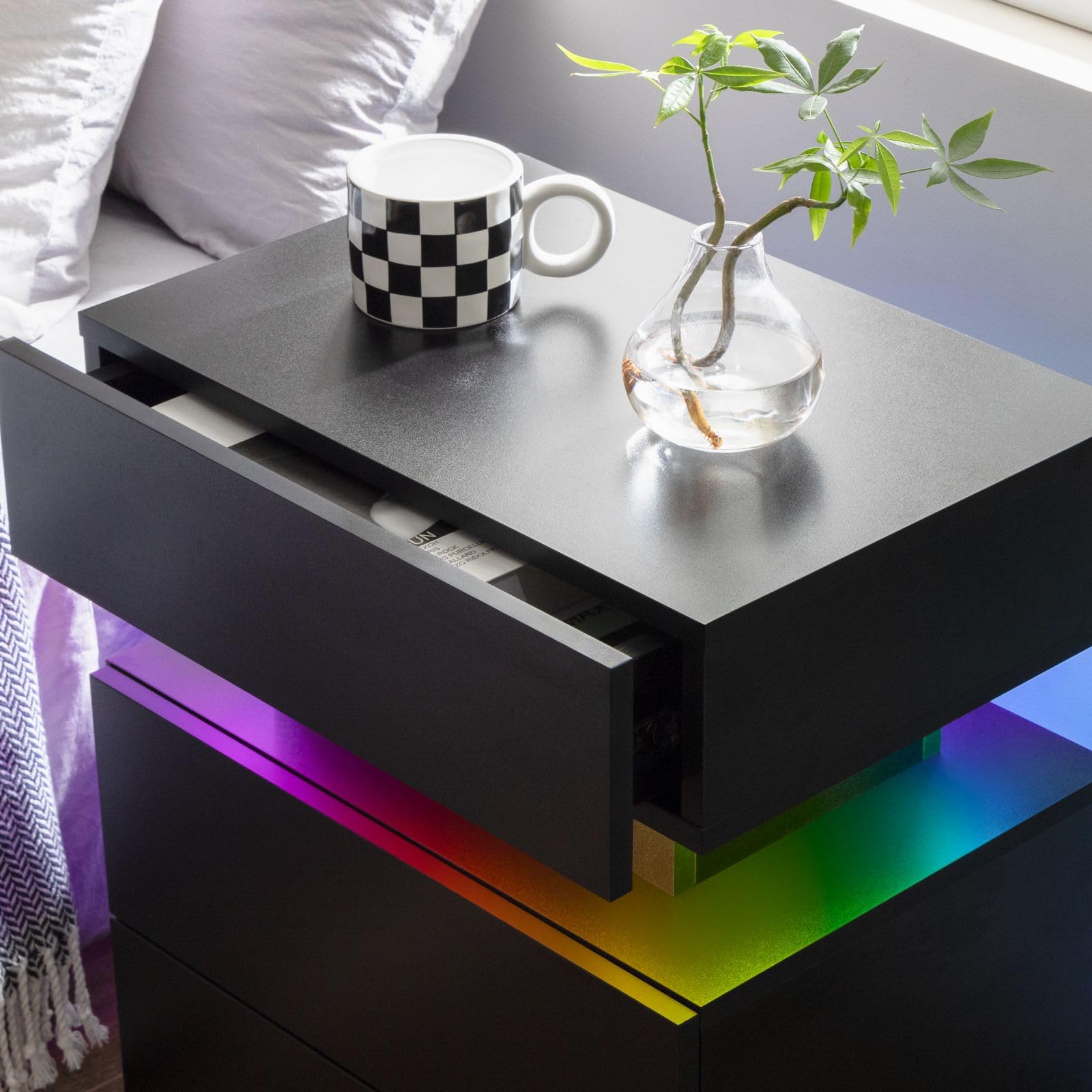 Bingoday LED Nightstand Black Modern Night Stand with 3 Drawers LED Bedside Tables for Bedroom End Tables with LED Strip Lights (Black)