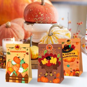 12 PCS Thanksgiving Gift Bags, Turkey Themed Paper Bags with 18 Stickers, Harvest Fall Goodie Bags Favors, Festive Pumpkin and Leaves Design, Treat Bags for Thanksgiving Day Autum Party Supplies