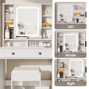 Fameill Vanity Desk with Mirror and Lights, Makeup Vanity Desk with Power Outlet, 2 Drawers & Storage, Vanity Table with Chair & Jewelry Cabinet, for Bedroom (White)