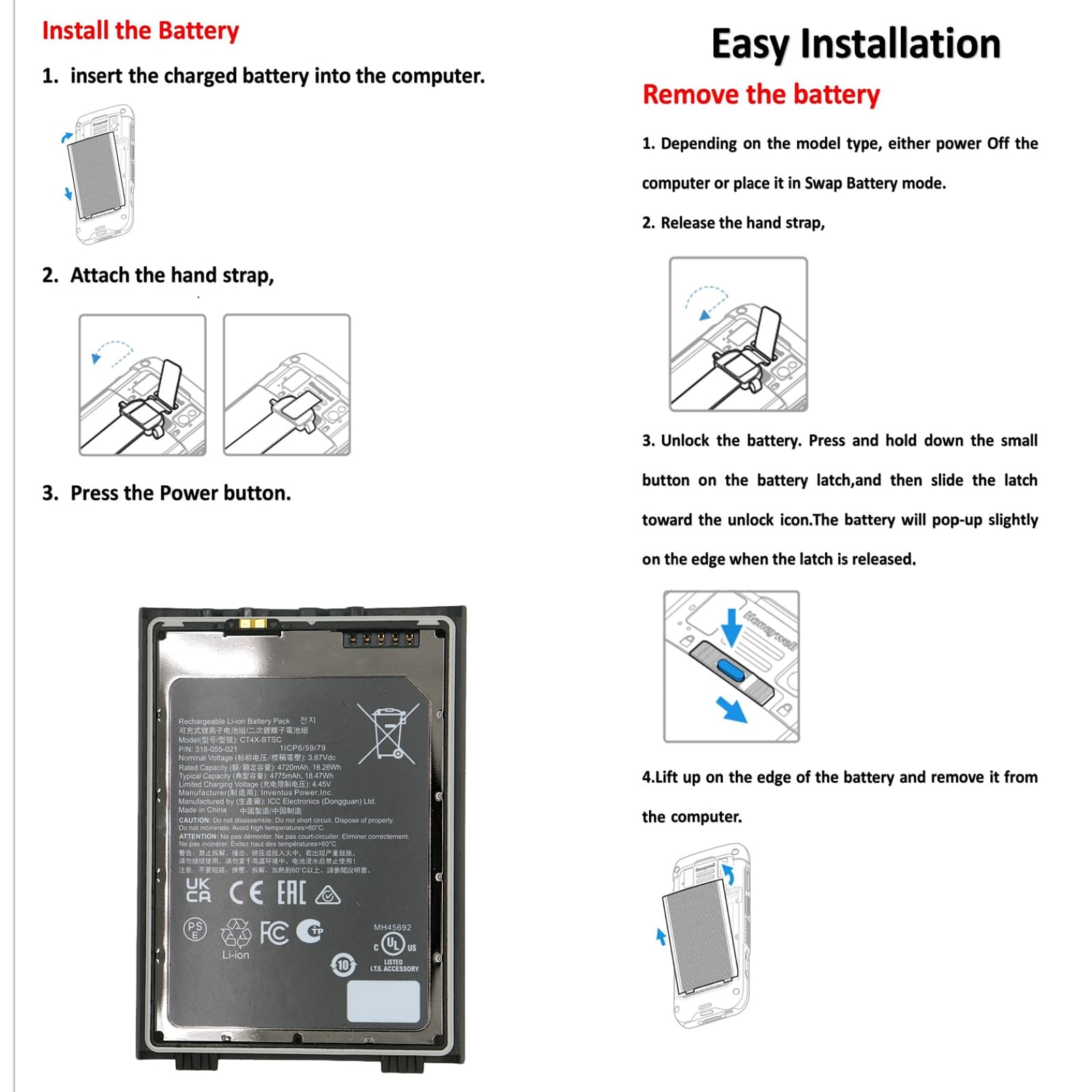 Youejoeq CT4X-BTSC Battery Replacement for Honeywell CT45 CT47 MDE Barcode Scanner,PN.318-055-021 Battery 4720mAh 3.87V Li Ion