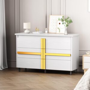 VOPEAK White Dresser for Bedroom, Wood Dresser, 6 Drawer Dresser with Gold Handle, Modern Large & Long Dresser for Cloth Storage, TV Stand Dresser,Chest of Drawers for Clost, Living Room, Nursery.