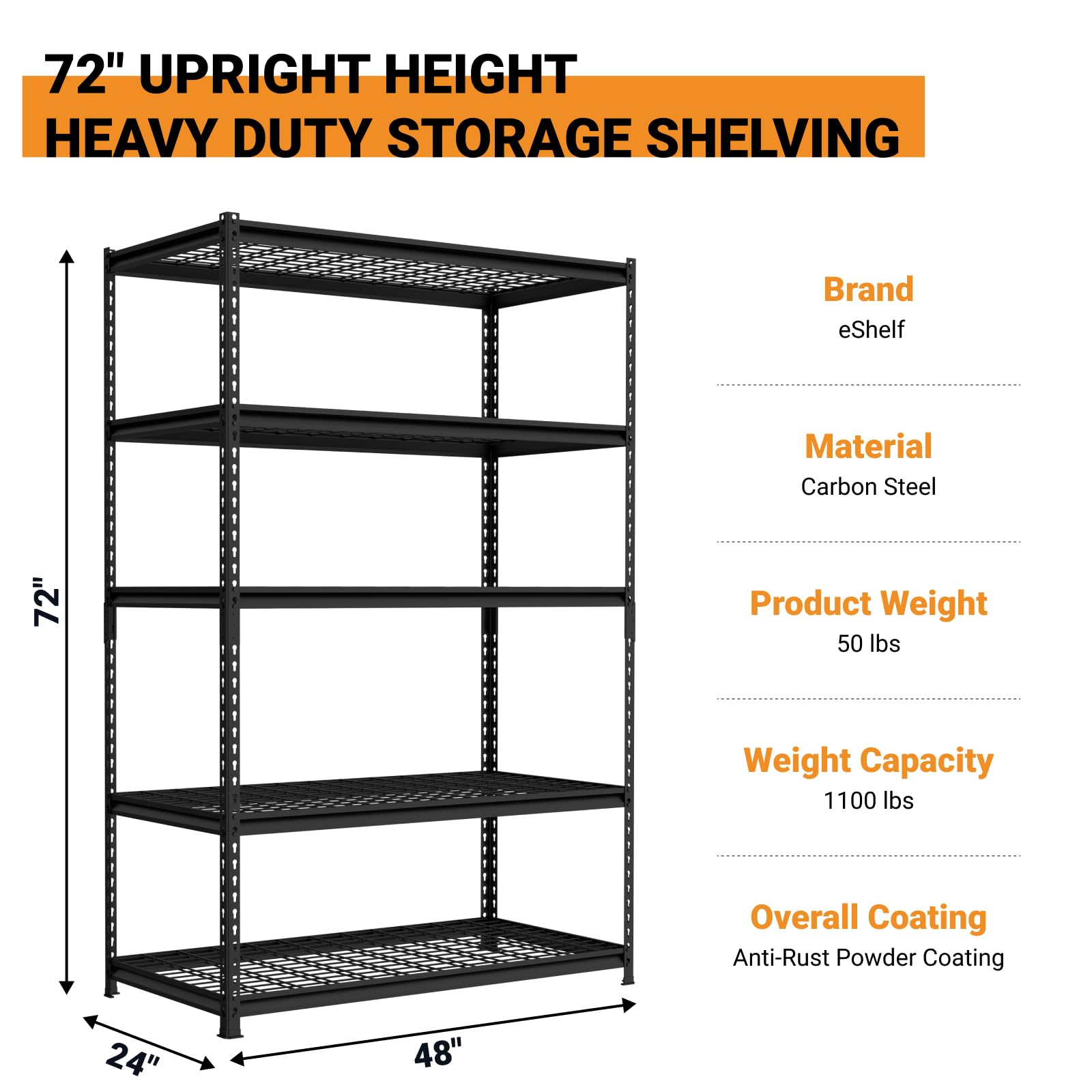 eShelf 48" W Heavy Duty Garage Shelving Unit, 5-Tier Adjustable Metal Storage Shelves with Boltless Desgin for Storage in Garage, Warehouse, Basement, 1100 lbs Capacity, 48" W x 24" D x 72" H, Black